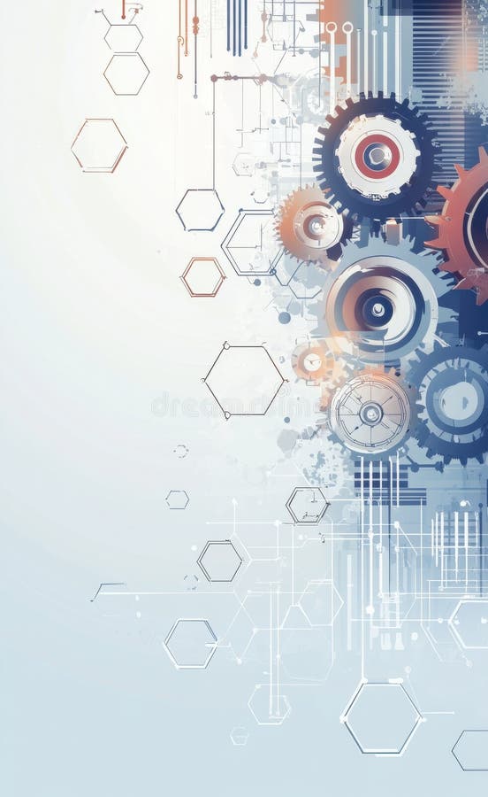 Abstract Mechanical Gears and Hexagons on a Light Gray Background ...