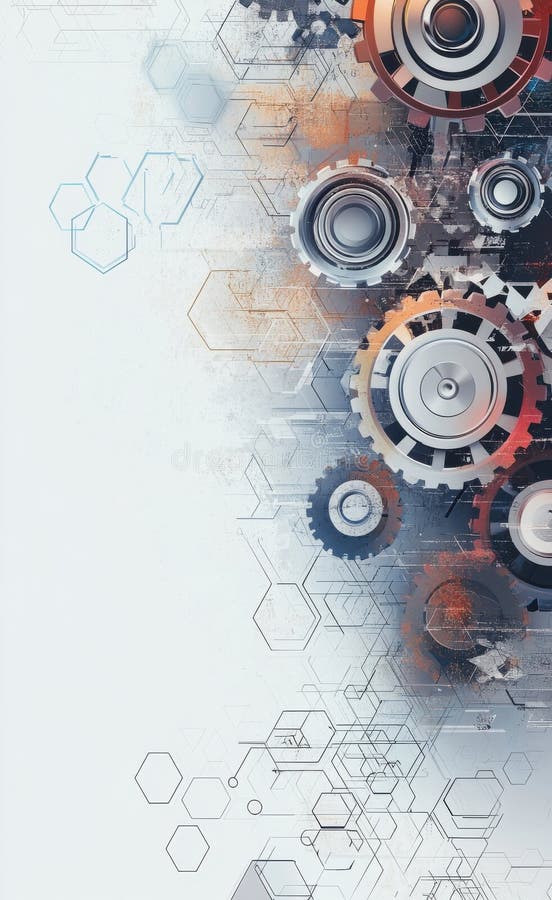 Abstract Mechanical Gears and Hexagons on a Light Gray Background ...