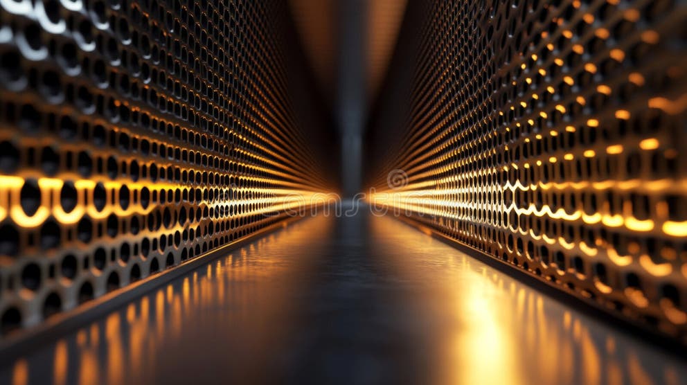 Abstract Metal Corridor with Glowing Grid and Reflective Floor Stock ...