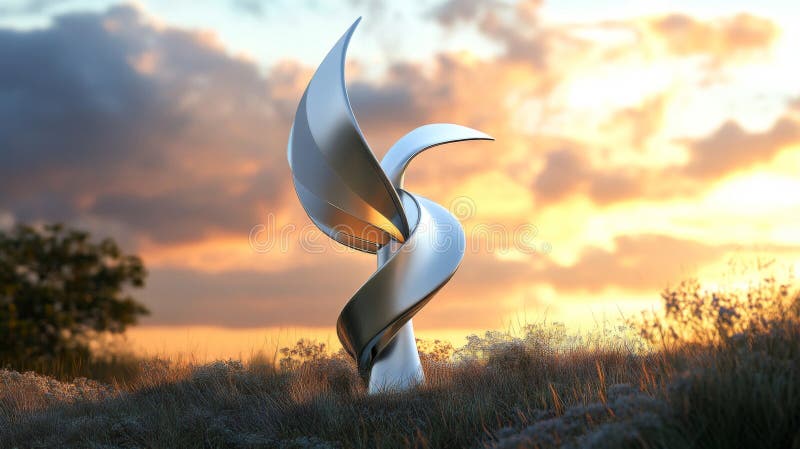 Abstract Metal Sculpture in a Field at Sunset Stock Illustration ...