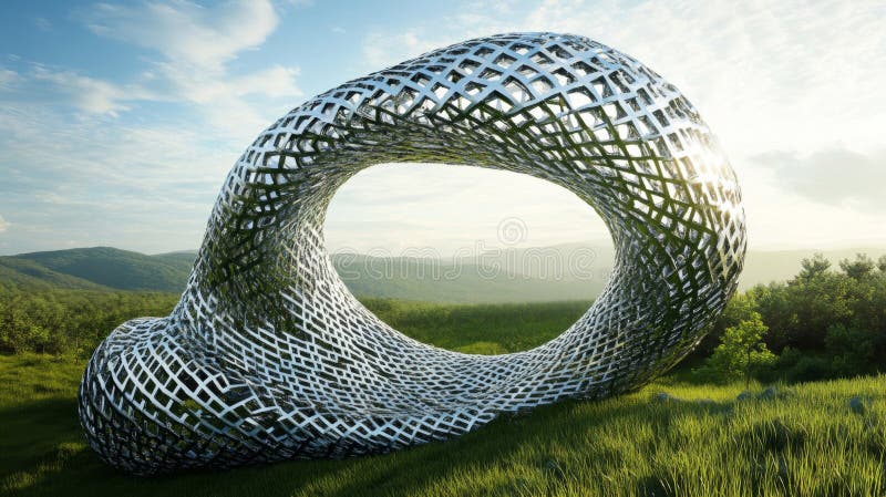 Abstract Metal Sculpture in Green Landscape Stock Illustration ...