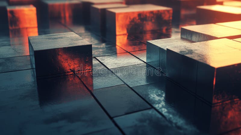 Abstract Metallic Cubes with Glowing Orange Reflections on Surface ...