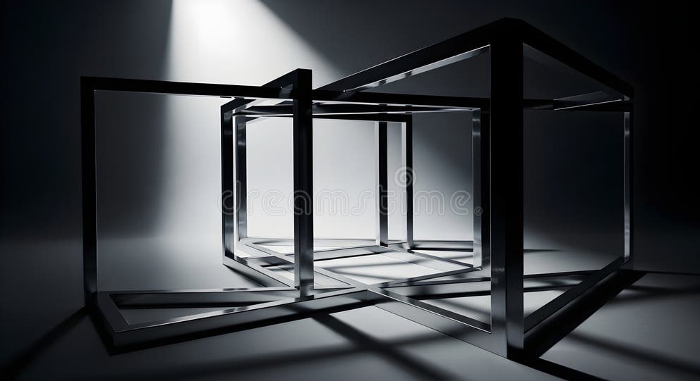 Abstract Metallic Cubes Intersect To Create a Complex, Modern Optical Illusion with Dramatic ...
