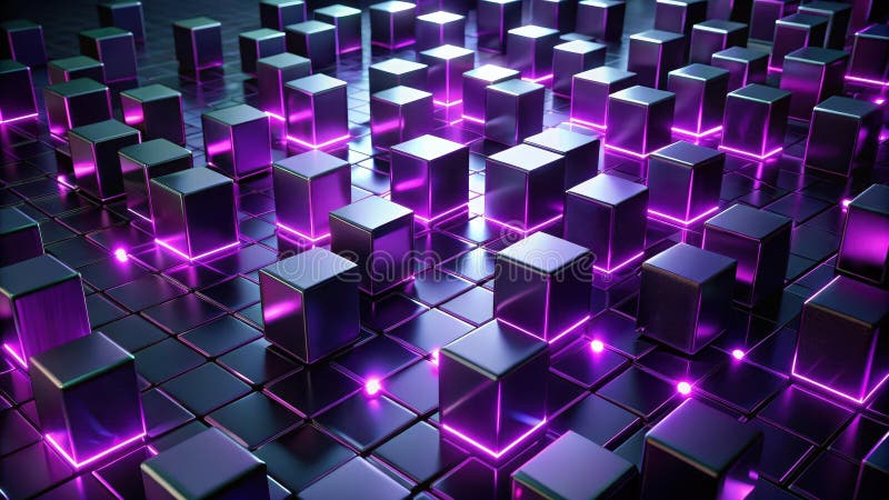 Abstract Metallic Cubes with Neon Illumination Displaying a Complex Network Structure ...