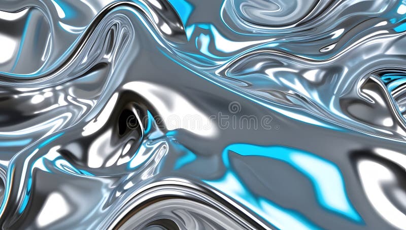 Abstract Metallic Design with Flowing Liquid Chrome Textures in Silver and Blue Stock ...