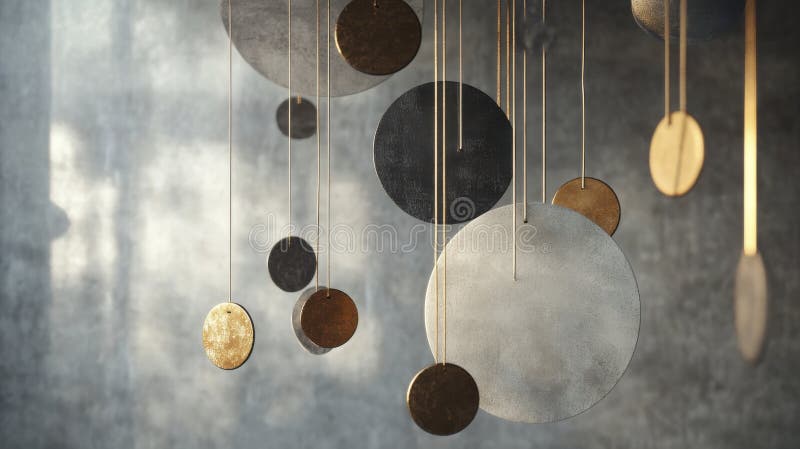 Abstract Metallic Discs Hanging Mobile Against Textured Gray Background ...