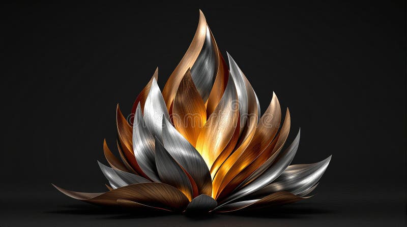 Abstract Metallic Flame Sculpture Illuminated in Dark Setting with ...