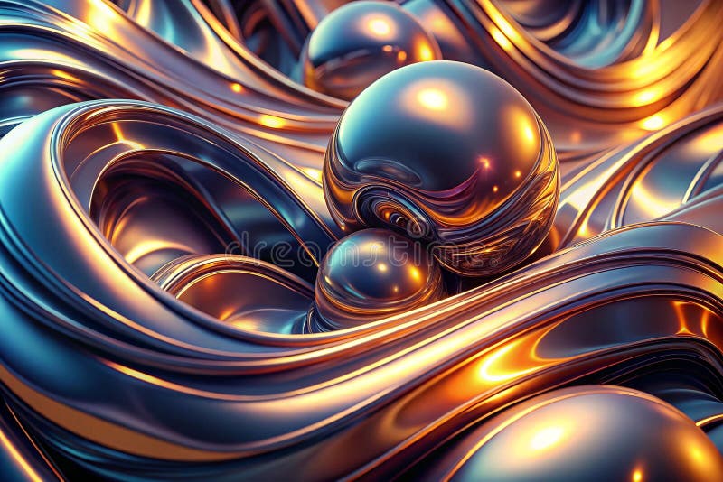 Abstract Metallic Flow with Orbs Dynamic 3D Render Stock Illustration ...