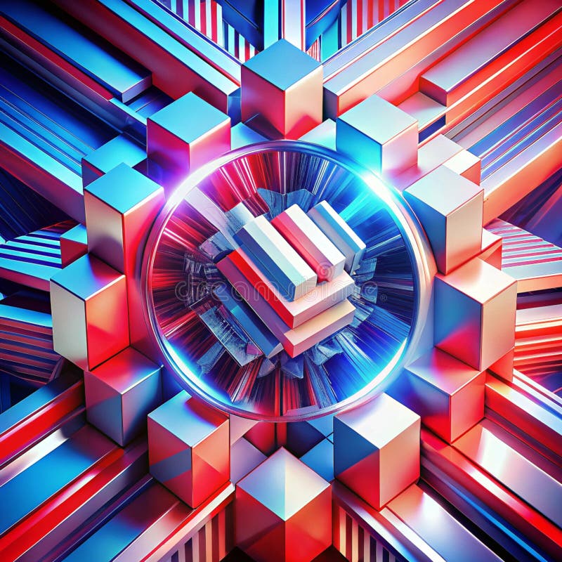 Abstract Metallic Geometric Structure with Red, Blue, and Silver ...