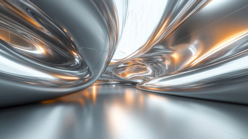 Abstract Metallic Interior with Curving Walls and Reflective Surfaces ...