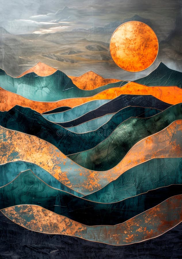 Abstract Metallic Landscape with Mountains and Valleys, with Different ...