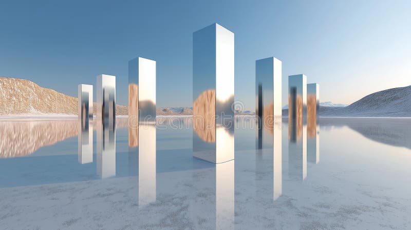 Abstract Metallic Monoliths Reflecting in a Vast Icy Landscape at ...