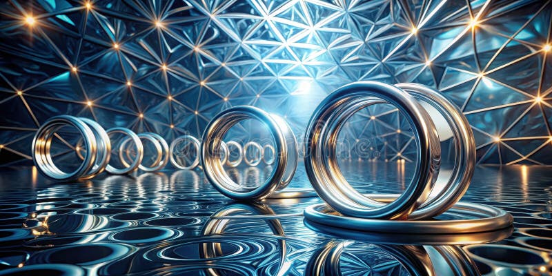 Abstract Metallic Rings Reflecting on a Dark Reflective Surface within ...