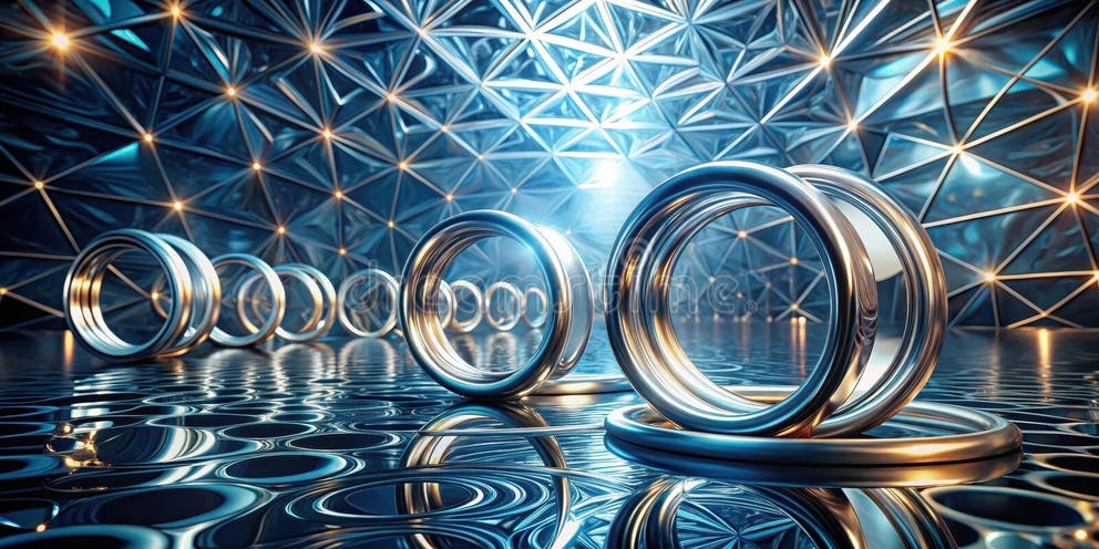 Abstract Metallic Rings Reflecting on a Dark Reflective Surface within ...