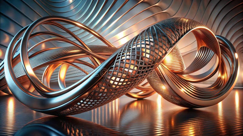 Abstract Metallic Sculpture with Intertwined, Luminous Coils and Grid ...