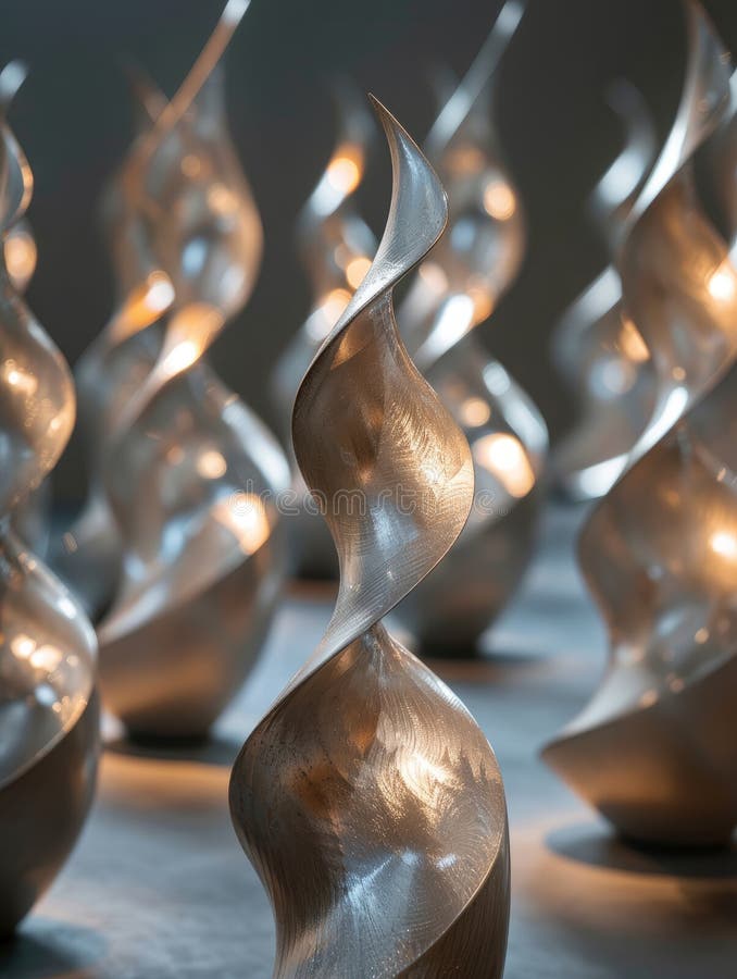 Abstract Metallic Sculptures with Twisted Shapes and Light Reflections ...