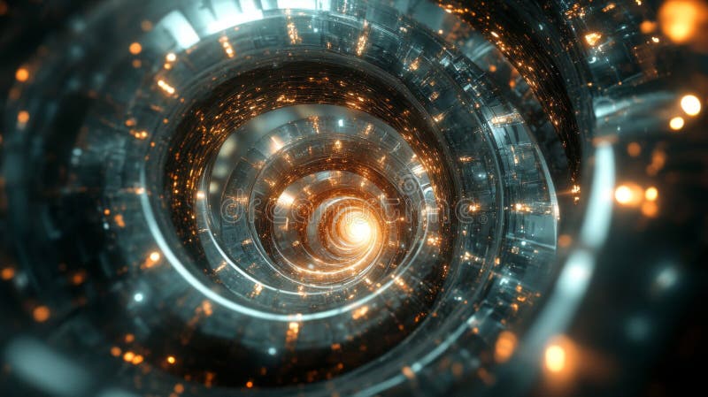 Abstract Metallic Spiral Tunnel with Glowing Lights Digital Background ...
