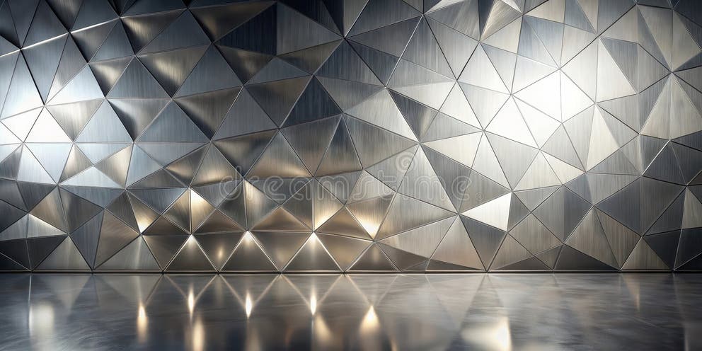 Abstract Metallic Triangular Wall Paneling with Reflective Floor in an ...