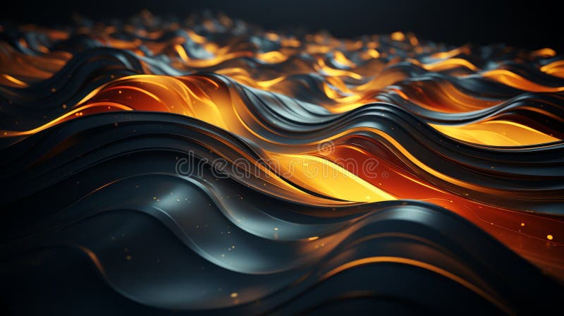 Abstract Metallic Waves with Glowing Orange and Black Colors in a ...