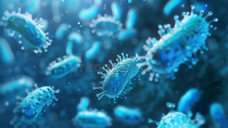 Abstract Microscopic Image of Blue Virus Particles Floating in a Blue ...