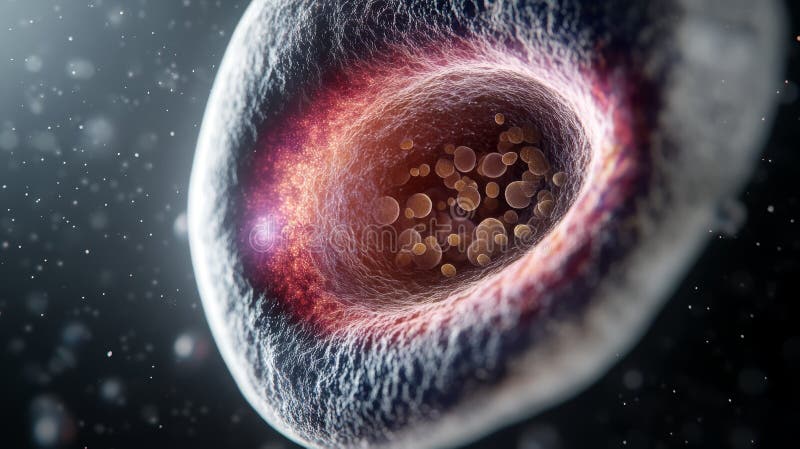 Abstract Microscopic Image of a Cell with a Glowing Nucleus and ...