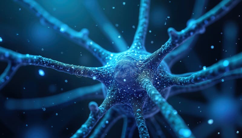 Abstract Microscopic View of Blue Neuron. Intricate Network of ...