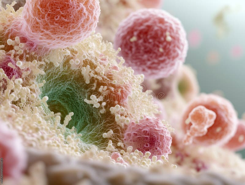 Abstract Microscopic View of Complex Biological Structures and Cells in ...