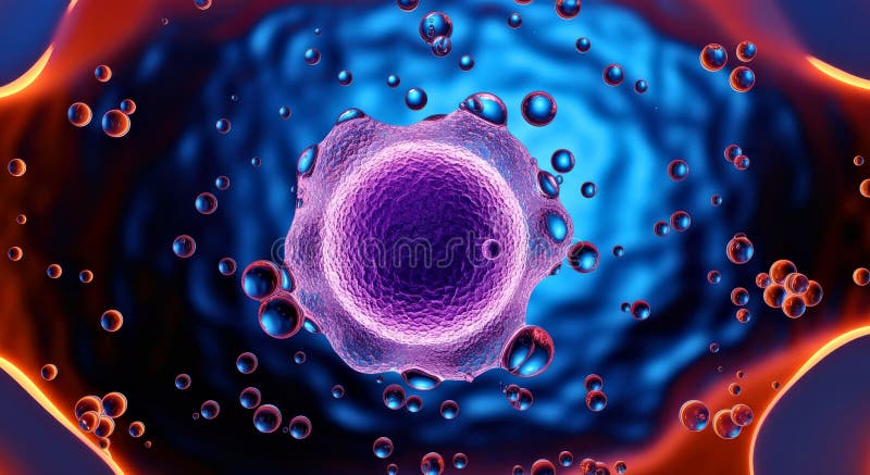Abstract Microscopic View of a Vibrant Purple Cell with Blue and Orange ...