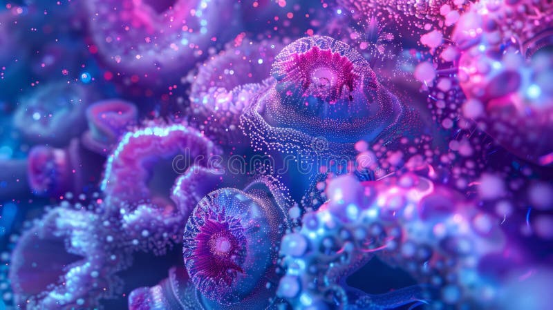 Abstract Microscopic World: Purple and Blue Glowing Organisms ...