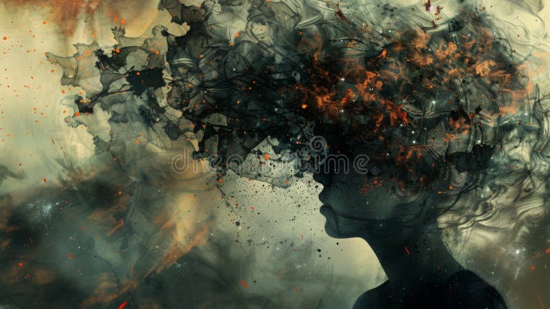 Abstract Mind in Chaos: Exploding Thoughts in Grayscale Stock Image ...