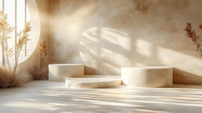 Abstract Minimal Beige Background with Three Cylindrical Podiums for ...
