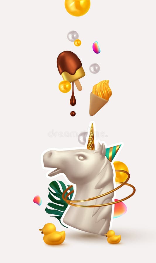 Abstract Minimal Design with Realistic 3d Objects. White Unicorn Head ...