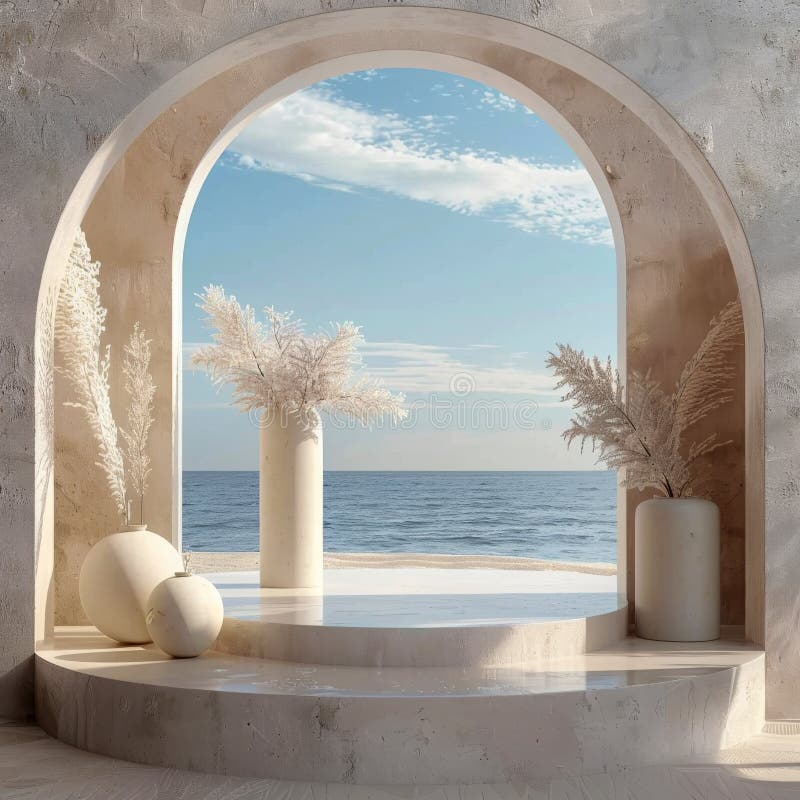 An Abstract Minimal Display Podium Sits in Front of an Arched Window ...