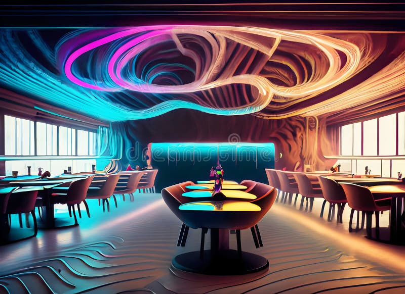 Minimal Inside Empty Restaurant, Light Swirling Lines on Digital Art ...