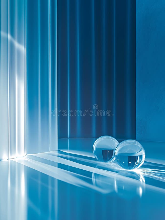 Abstract Minimalist Design with Glass Spheres on a Glossy Blue Surface ...
