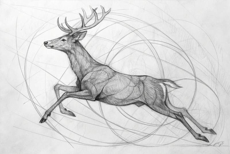 Abstract Minimalist Graphite Sketch of a Deer Arching in Fear, in Bold ...