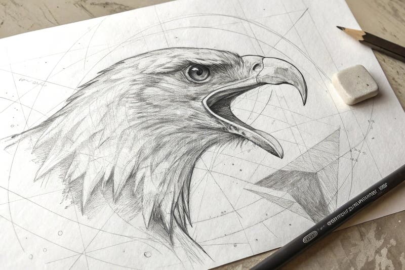 Abstract Minimalist Graphite Sketch of a Eagle Arching in Fear, in Bold ...