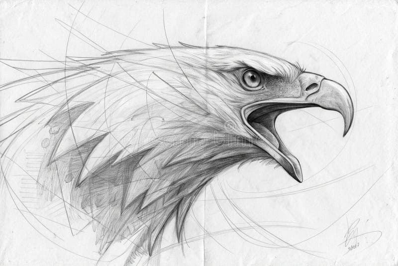 Abstract Minimalist Graphite Sketch of a Eagle Arching in Fear, in Bold ...