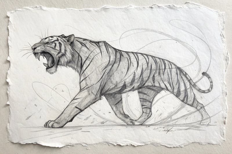 Abstract Minimalist Graphite Sketch of a Tiger Arching in Fear, in Bold ...