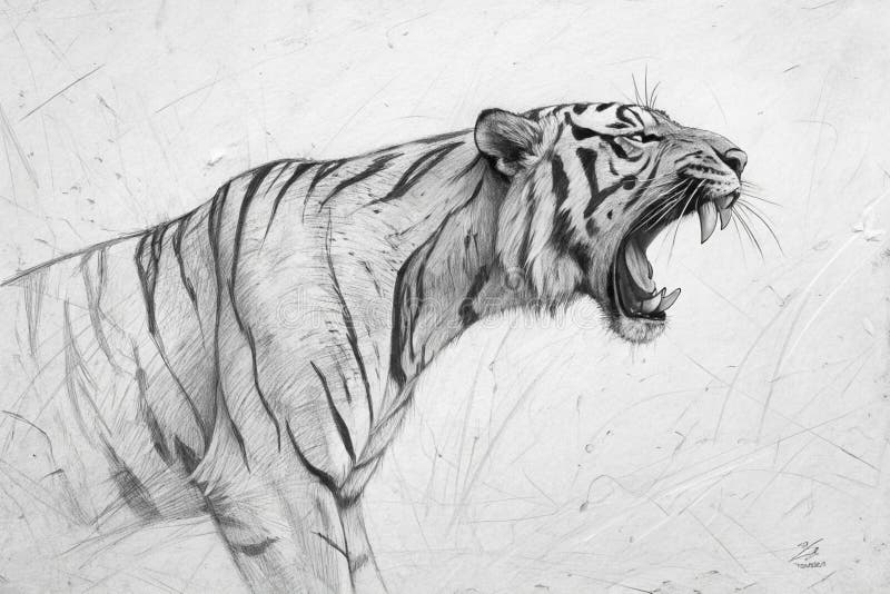Abstract Minimalist Graphite Sketch of a Tiger Arching in Fear, in Bold ...