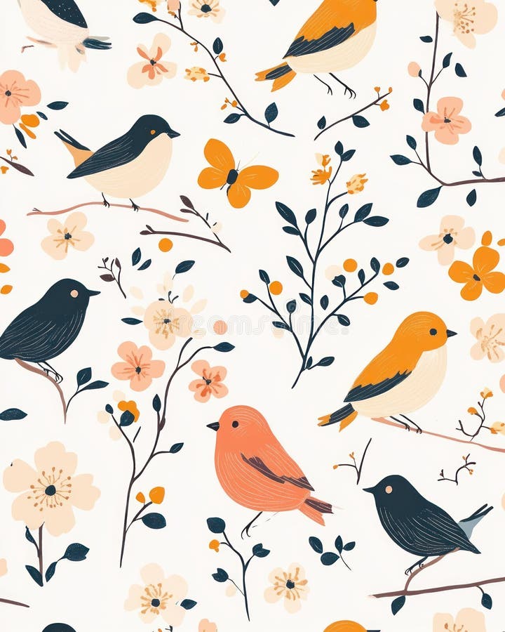 Minimalist Springthemed Wallpaper with Birds Flowers Butterflies Stock ...