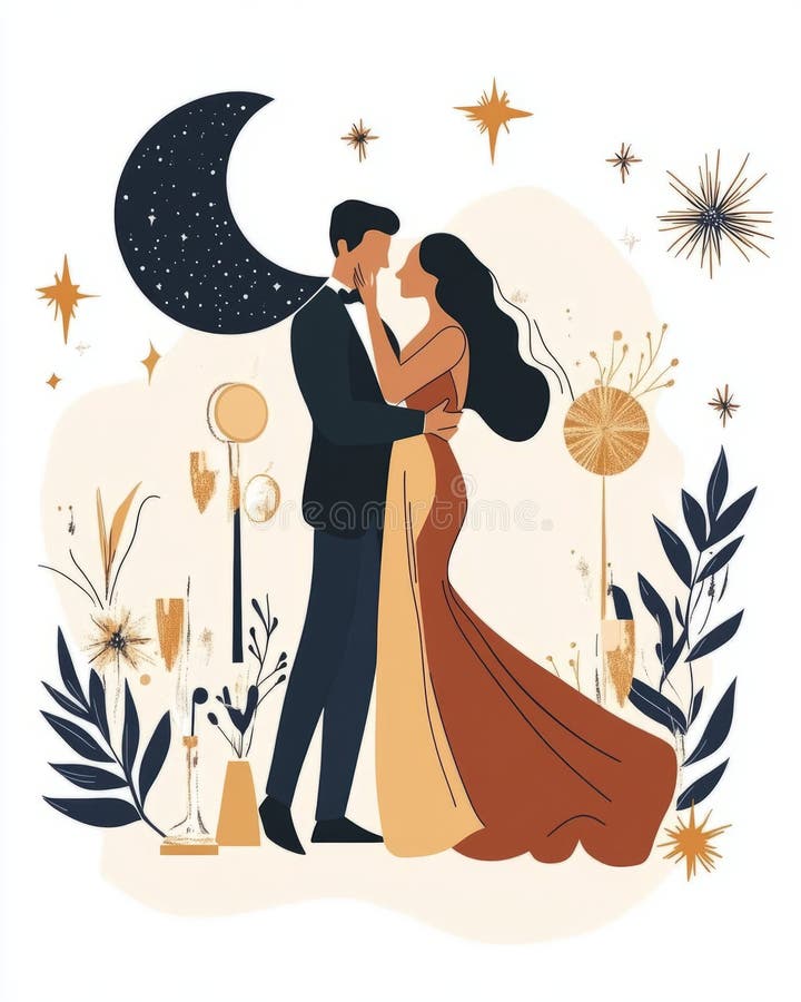 Cosmicthemed Celestial Wedding Illustration in Minimalist Style Stock ...