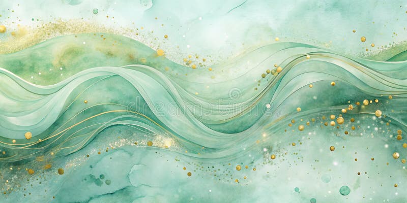 Abstract Mint Green and Gold Watercolor Waves Background. Generative AI Stock Illustration ...