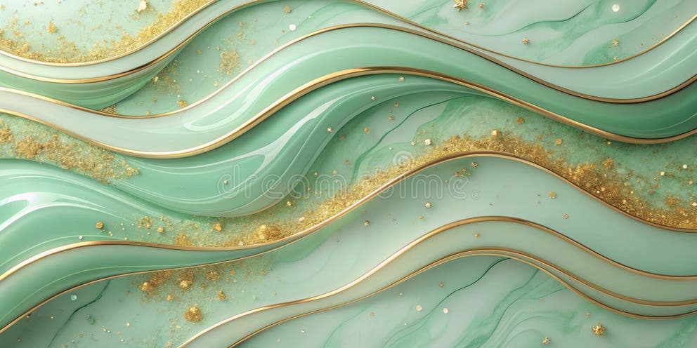 Abstract Mint Green and Gold Wave Design with Sparkling Accents ...