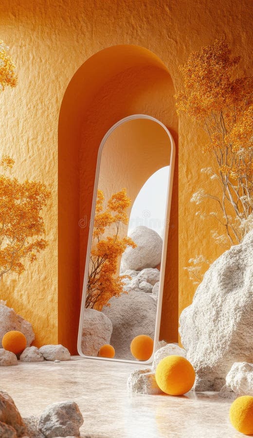 Abstract Mirror Scene with Orange and White Stones Stock Image - Image ...