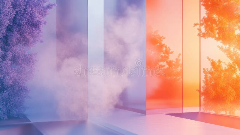 Abstract Misty Landscape with Vibrant Colored Trees and Reflective ...