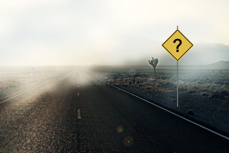 Abstract Misty Road with Question Mark Road Sign and Mock Up Place ...
