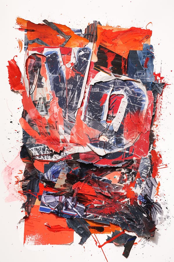 Abstract Mixed Media Collage Featuring Bright Red and Blue Tones with ...