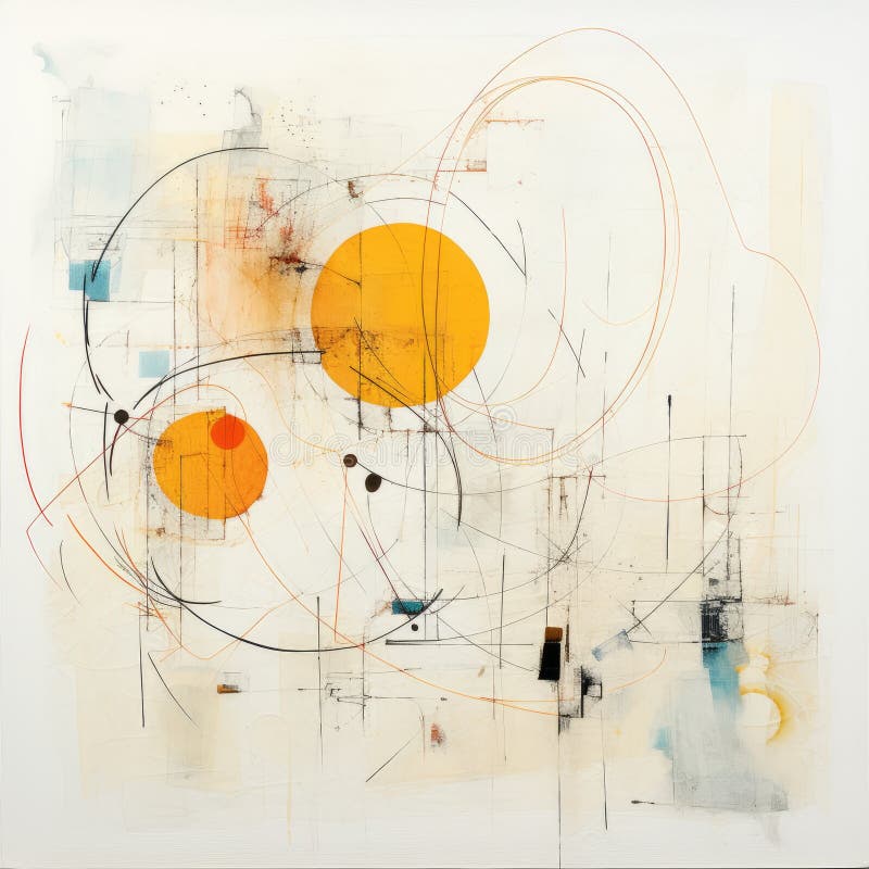 Abstract Mixed Media: Orange Circles and Grey Lines on Light Yellow and ...