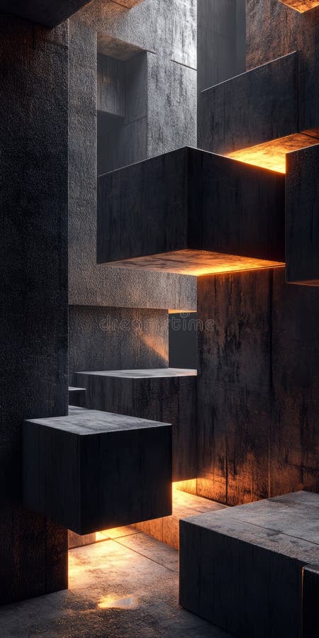 Abstract Modern Architecture with Geometric Concrete Blocks and Warm ...